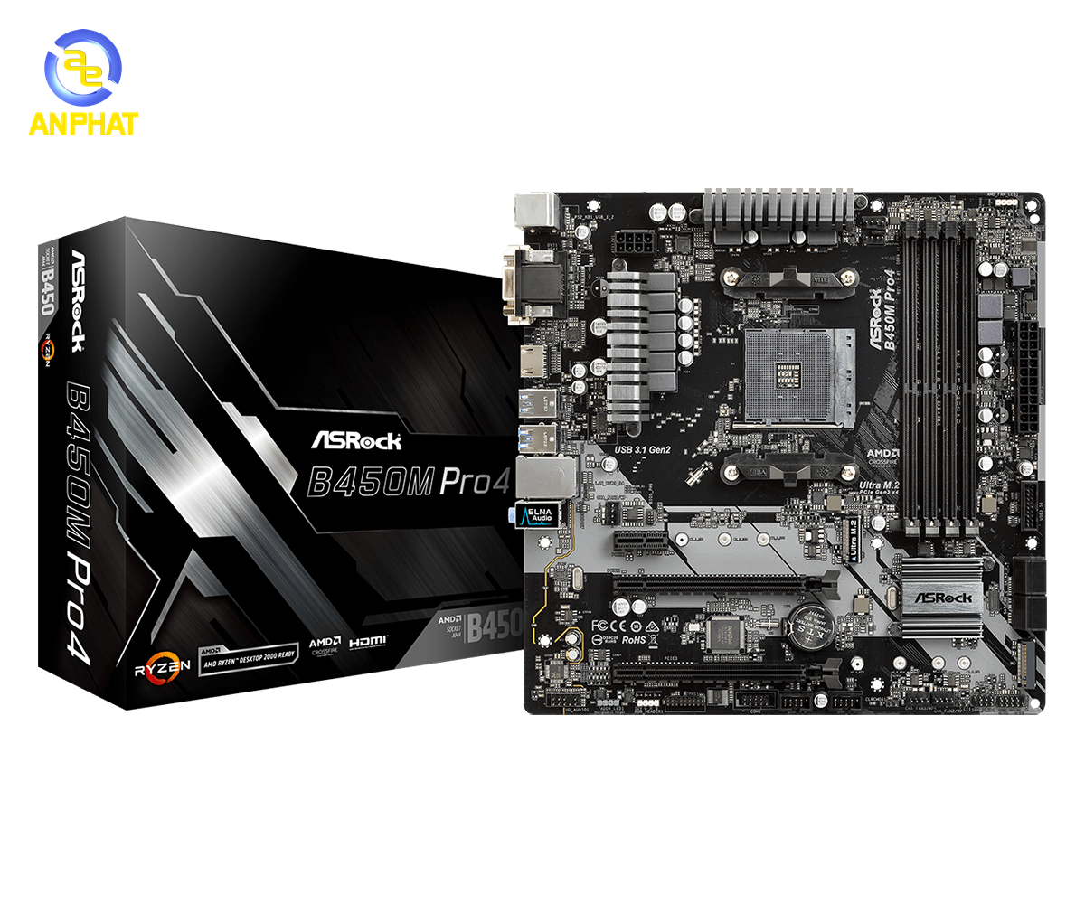 Mainboard Asrock B450M Pro4 AM4 m-ATX lắp cho CPU AMD